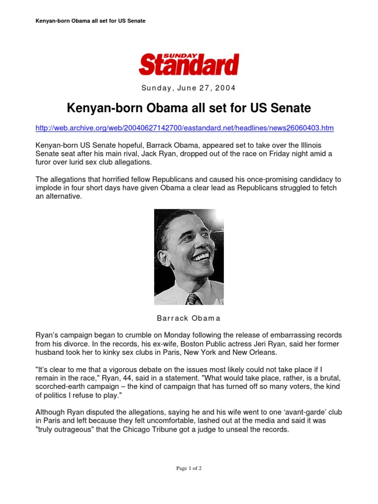Standard - Kenyan-Born Obama All Set for US Senate 6-27-04 | Barack ...