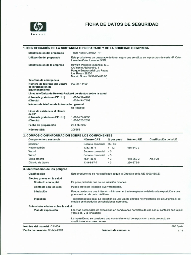 Ficha de Seguridad Tóner C3105A | PDF | Carbón | Toxicidad