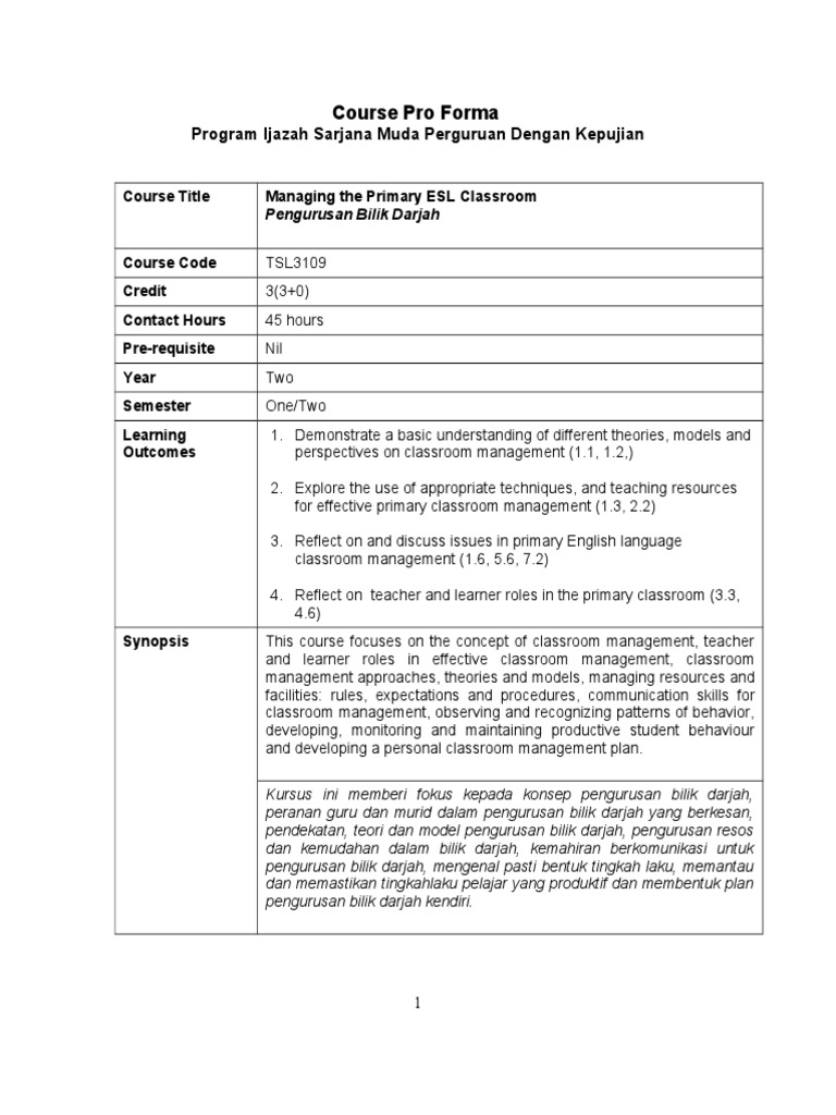 Course Pro Forma: Program Ijazah Sarjana Muda Perguruan Dengan Kepujian ...