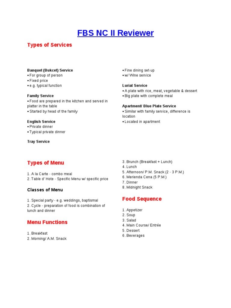 Fbs NC II Reviewer | PDF | Spoon | Teaspoon