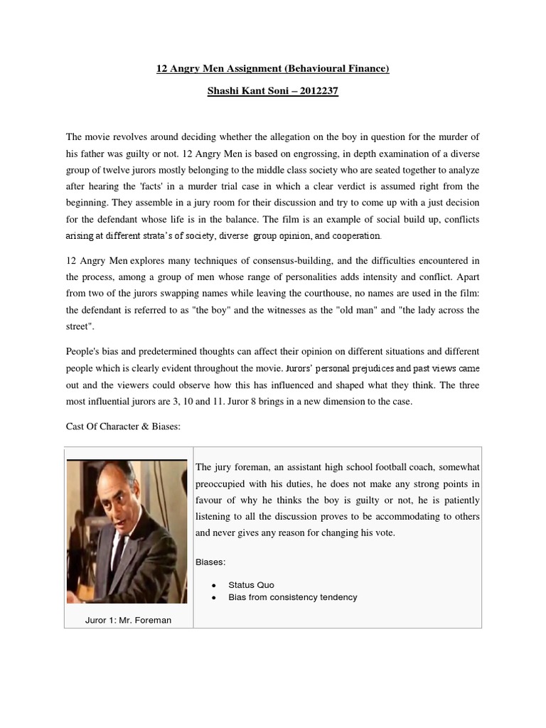 12 Angry Men Assignment - 2012237 | PDF | Bias | Psychological Concepts
