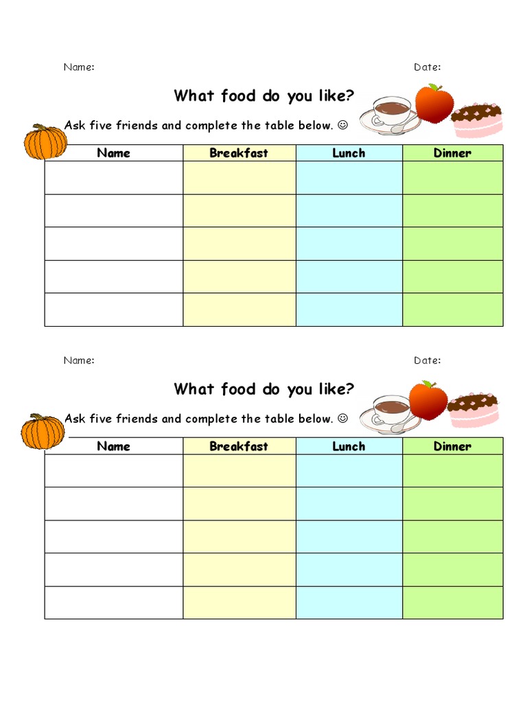 What Food Do You Like?: Ask Five Friends and Complete The Table Below ...
