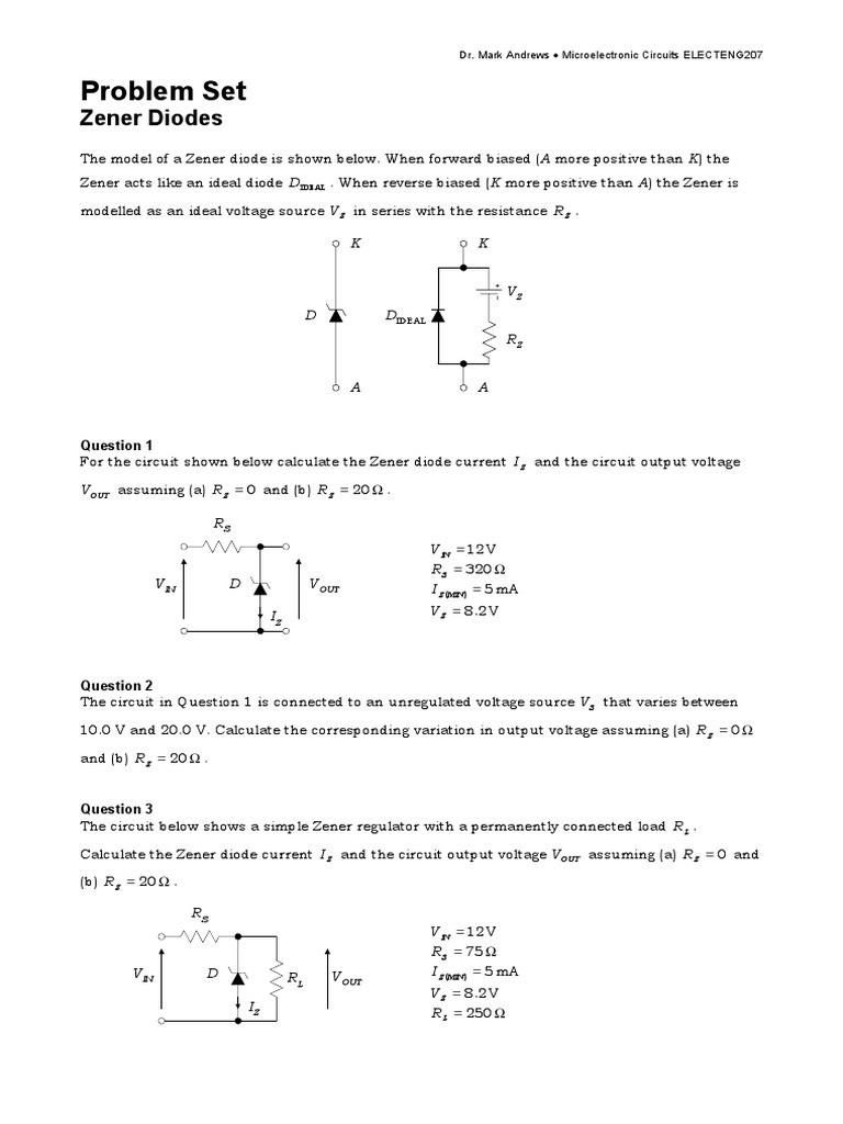 Problem Set Zener Diodes | PDF | Diode | Electrical Network