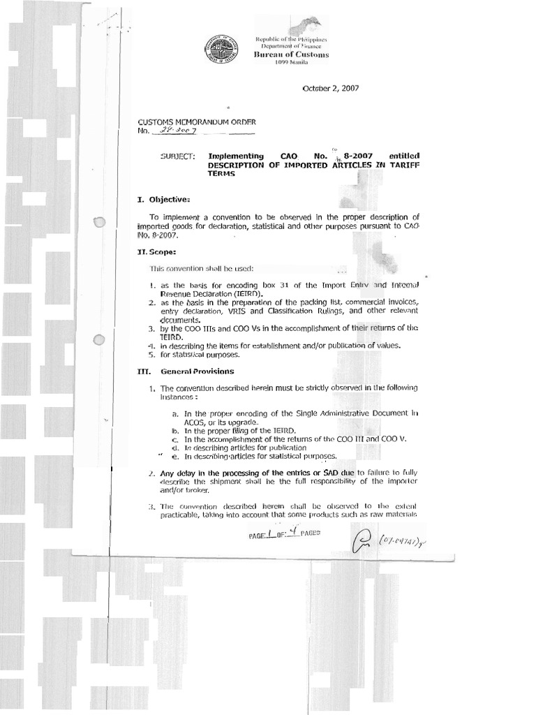 CMO No 28-2007 - Implementing CAO 8-2007 Description of Imported ...