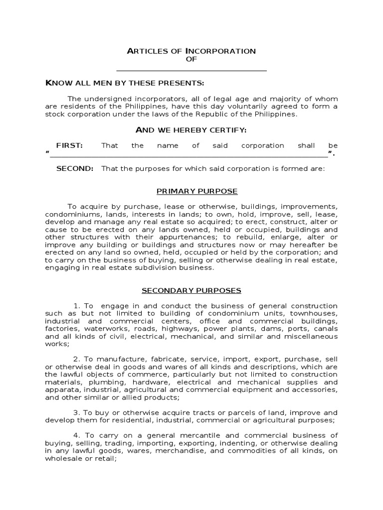 Sample Articles of Incorporation PH | PDF | Securities (Finance ...