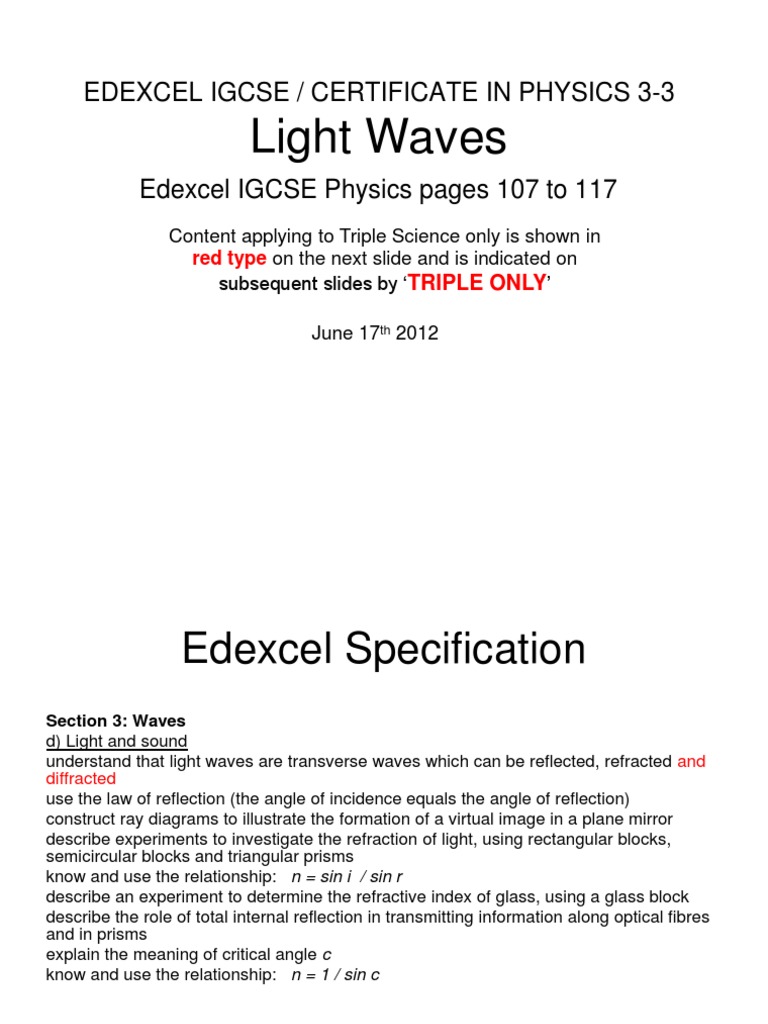 Igcse 33 Lightwaves | PDF | Refraction | Reflection (Physics)
