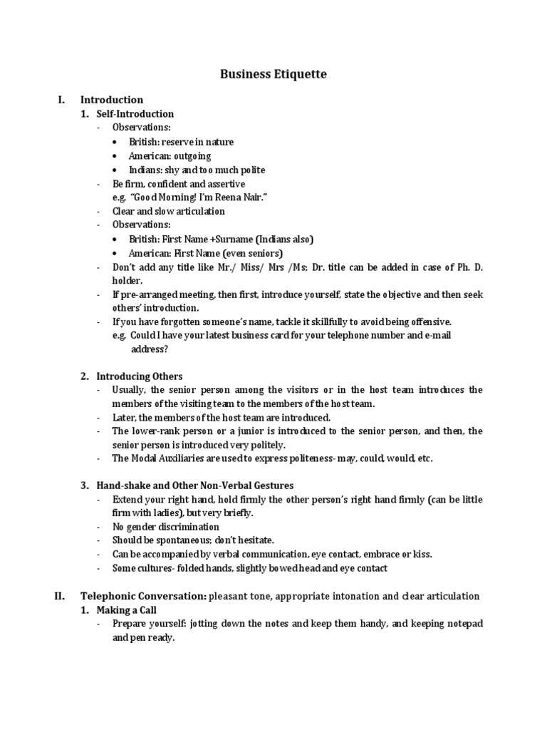 Business Etiquette: 1. Self-Introduction | PDF | Etiquette | Cognitive ...