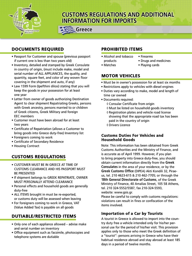 Greece Customs Regulations for Importing | PDF | Customs | Greece