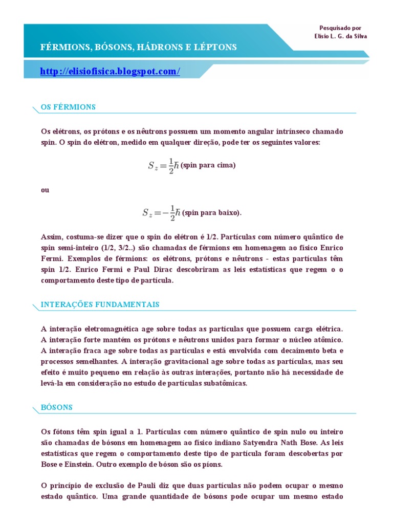 Fermions Bosons Hadrons e Leptons | PDF | Spin (Física) | Partícula ...
