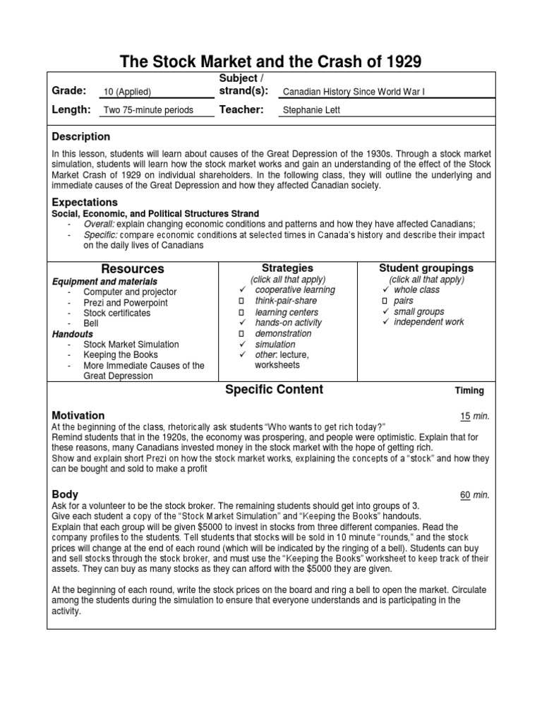 Stock Market Crash - Formal Lesson Plan | PDF | Business Cycle | Stocks