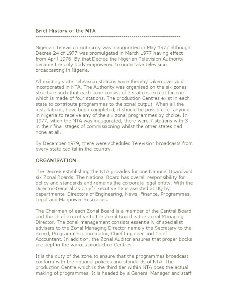 Brief History of The NTA | PDF | Chief Executive Officer | Nigeria