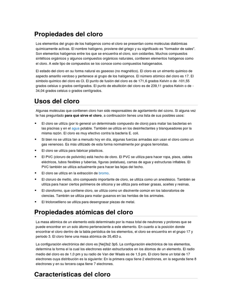 Propiedades Del Cloro | PDF | Cloro | Elementos químicos