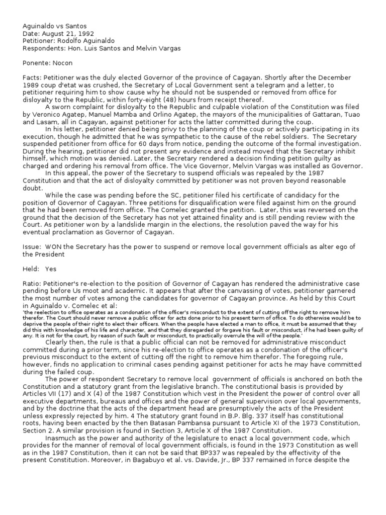 Aguinaldo Vs Santos | PDF | Presidents Of The United States | American ...