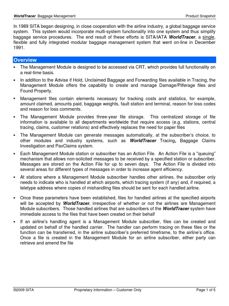 WorldTracer - Product Sheet Bag Management - S9.2 - Acp | PDF | Fee ...