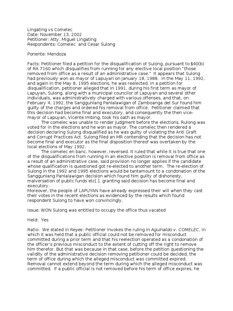 Lingating Vs Comelec | PDF | Commission On Elections (Philippines) | Virtue