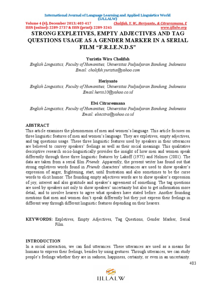 Strong Expletives, Empty Adjectives and Tag Questions Usage As A Gender ...