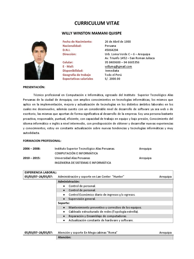CV Willy Winston Mamani Quispe 2014 | PDF | Microsoft | Red mundial