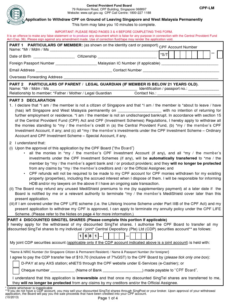 Application to Withdraw CPF Funds Due to Permanent Departure from ...
