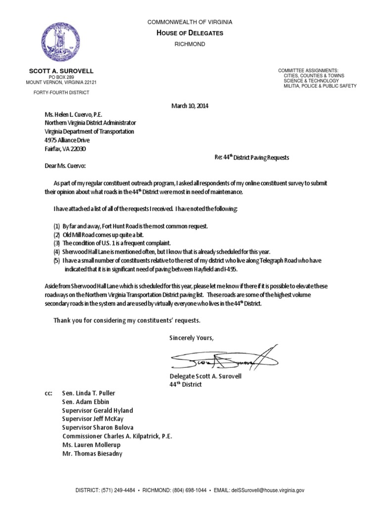 44th District VDOT Paving Requests | PDF | Road | Road Surface