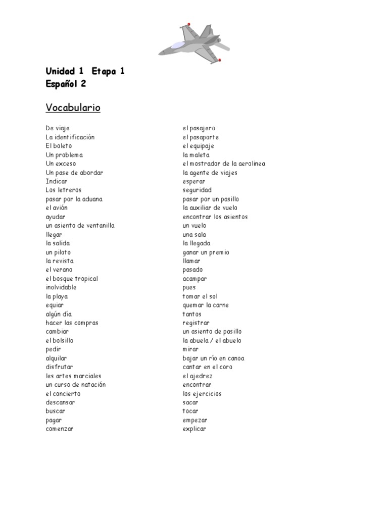 Vocabulario: Unidad 1 Etapa 1 Español 2 | PDF | Aviación | Violencia