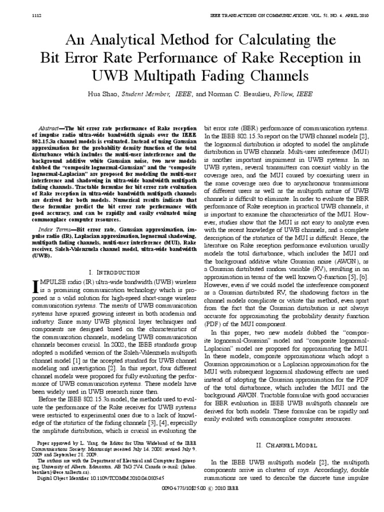 An Analytical Method For Calculating The Bit Error Rate Performance of Rake Reception in UWB ...