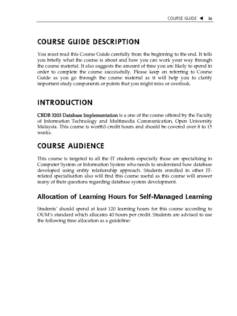 Course Guide Description: Allocation of Learning Hours For Self-Managed ...