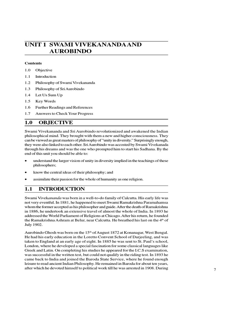 Unit 1 Swami Vivekananda and Aurobindo: 1.0 Objective | PDF | Moksha ...