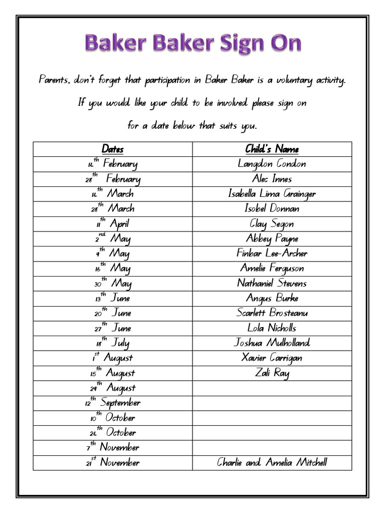Baker Baker Participation Sign-Up Dates | PDF | Wellness | Mystery ...