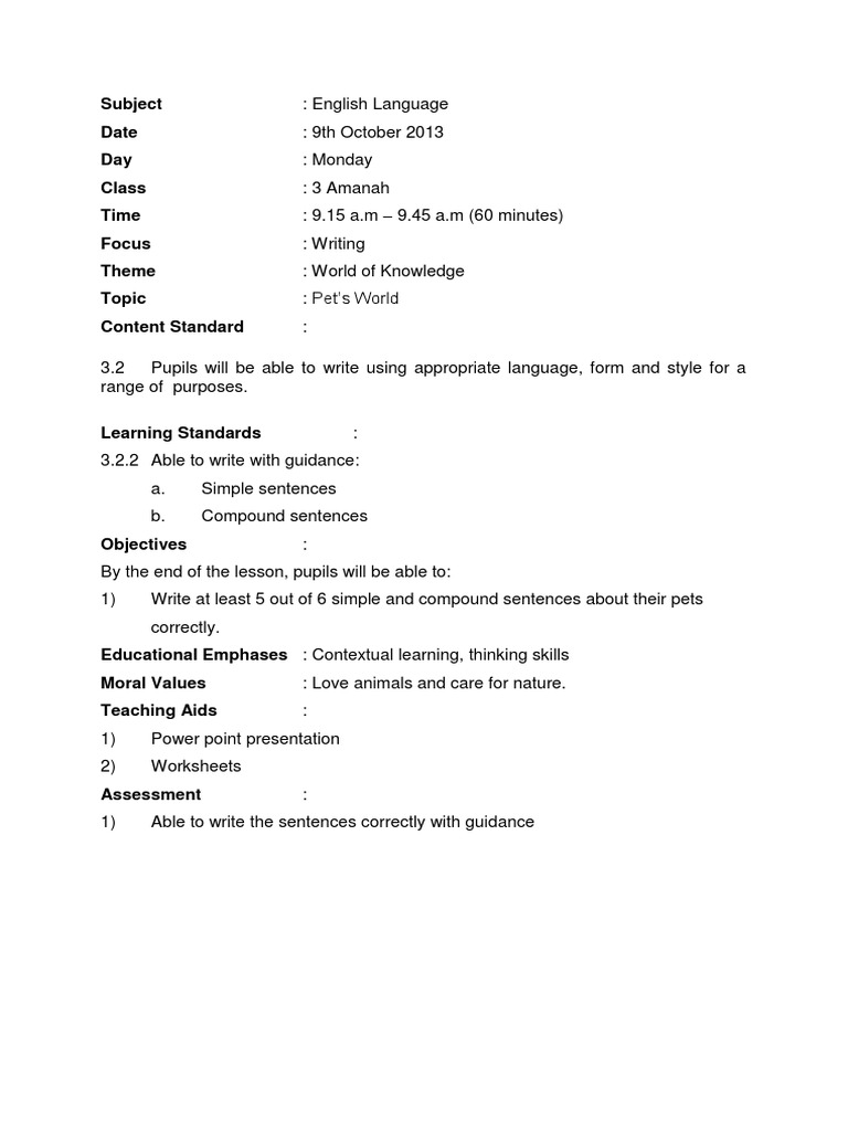 Writing Lesson: Pets for Kids | PDF