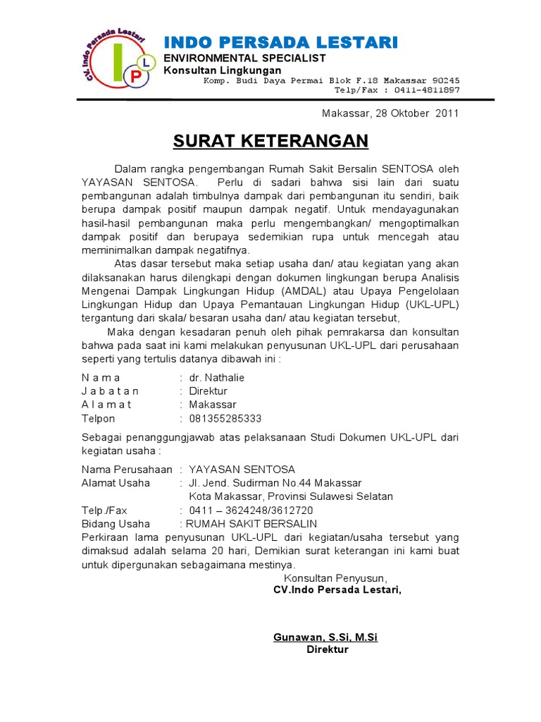 Surat Keterangan Penyusunan Dokumen UKL-UPL | PDF