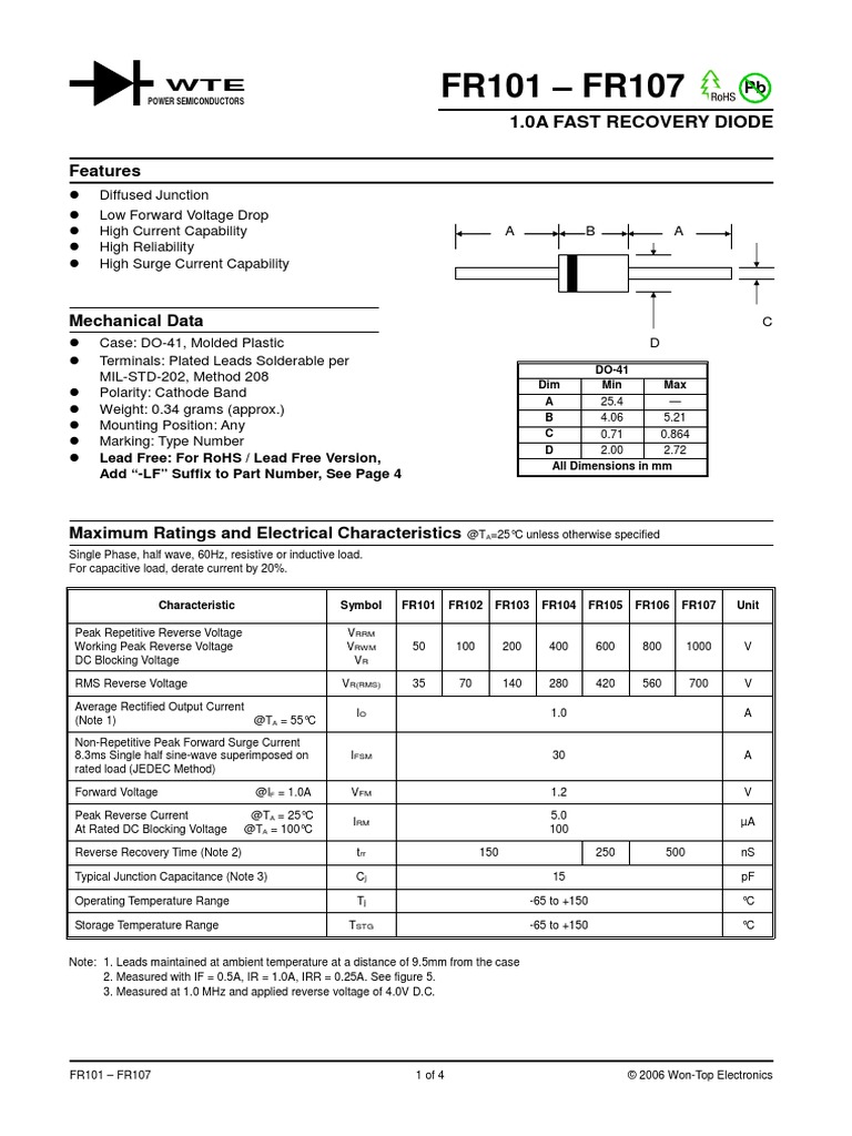 FR101 - FR107: 1.0A Fast Recovery Diode | PDF | Capacitor | Rectifier