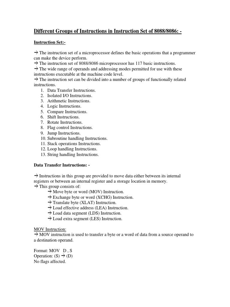 Different Groups of Instructions in Instruction Set of 8088/8086 | PDF | Subroutine | Binary ...