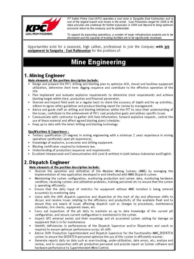 KPC Mine Engineering Job Opportunities | PDF