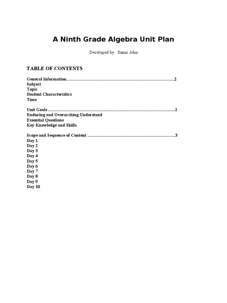 A Ninth Grade Algebra Unit Plan | PDF | Equations | Derivative
