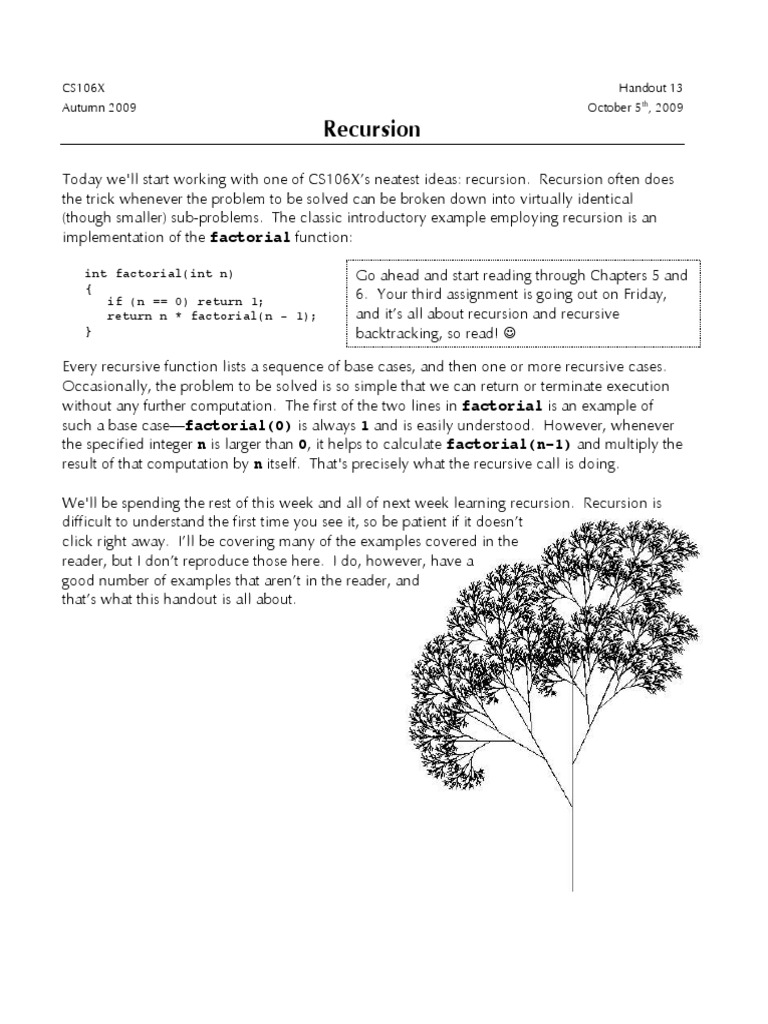 Recursion: CS106X Handout 13 Autumn 2009 October 5, 2009 | PDF | Fractal | Recursion