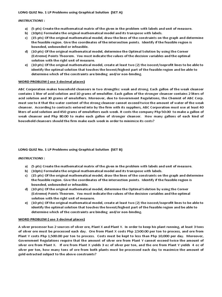 Instructions:: LONG QUIZ No. 1 LP Problems Using Graphical Solution ...