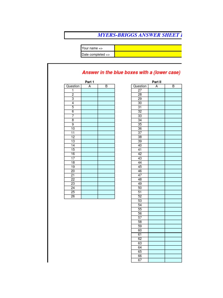 Myers-Briggs Answer Sheet For Form M: Answer in The Blue Boxes With A ...
