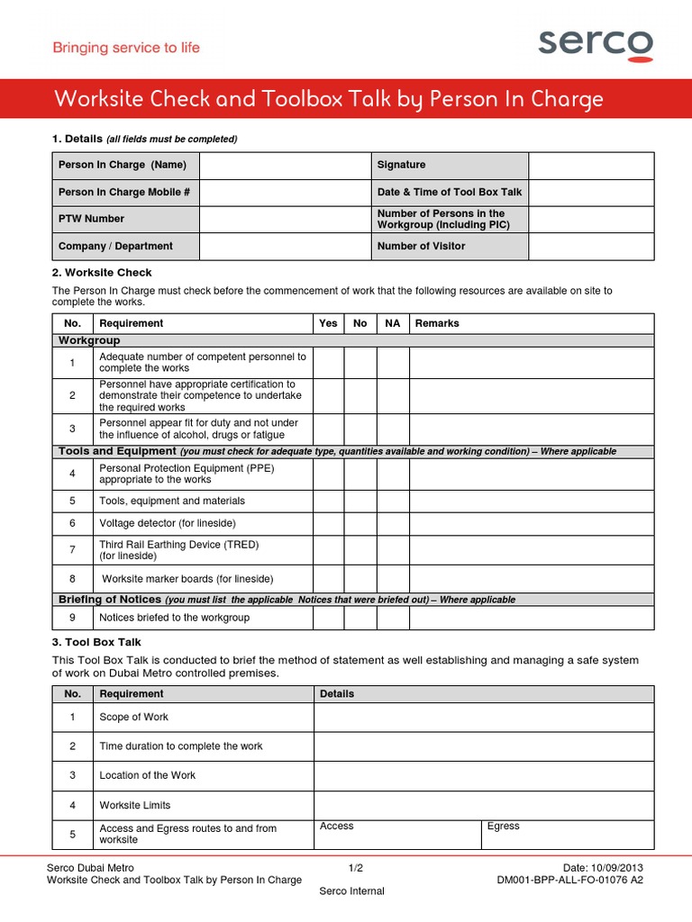 DM001 ENM ALL FO 01076 A2 Worksite Check Tool Box Talk PIC | Prevention ...