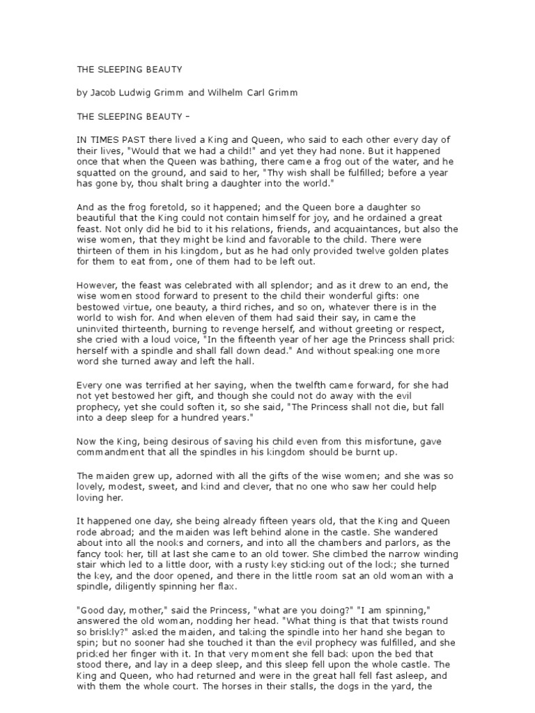 Sleeping Beauty Fairy Tale Summary | PDF | Sleeping Beauty | Brothers Grimm
