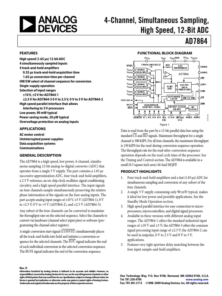 4-Channel, Simultaneous Sampling, High Speed, 12-Bit ADC AD7864 ...
