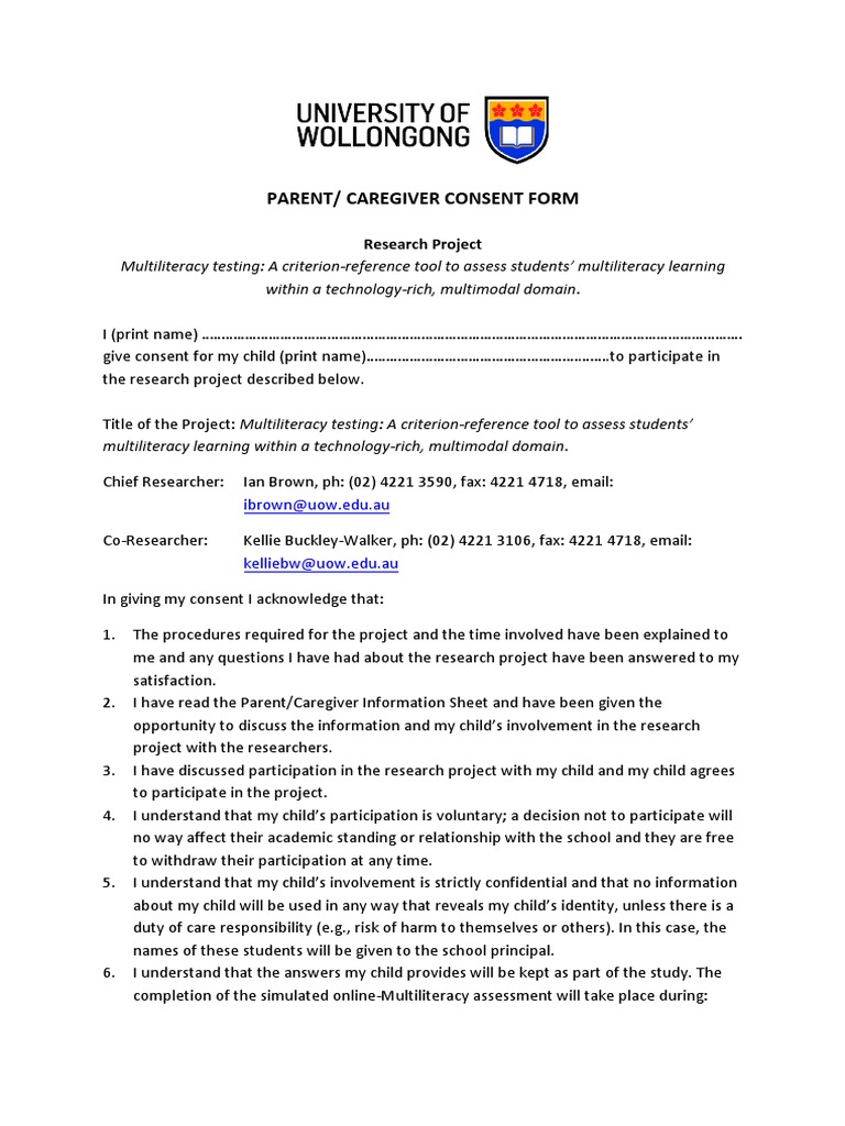 Uow Consent Form Parents Reliability Testing Farmborough Road ps-2 | PDF