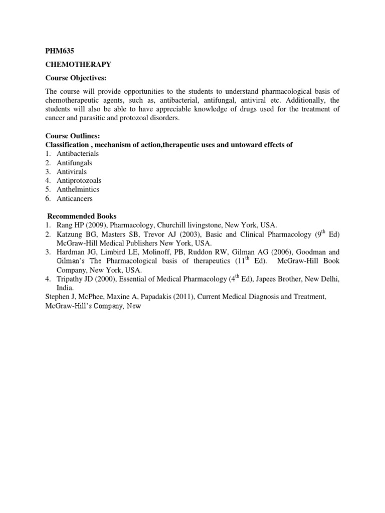 Chemotherapy - Course Outline | PDF | Self-Improvement