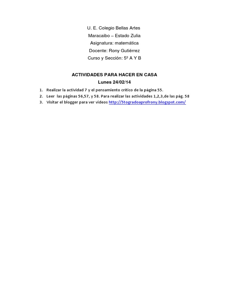 Actividad para 5º Profesor Rony G | PDF | Educación avanzada ...