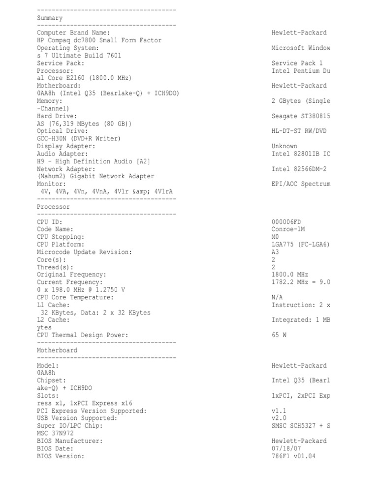 HP Compaq dc7800 Specs | PDF | Bios | Intel