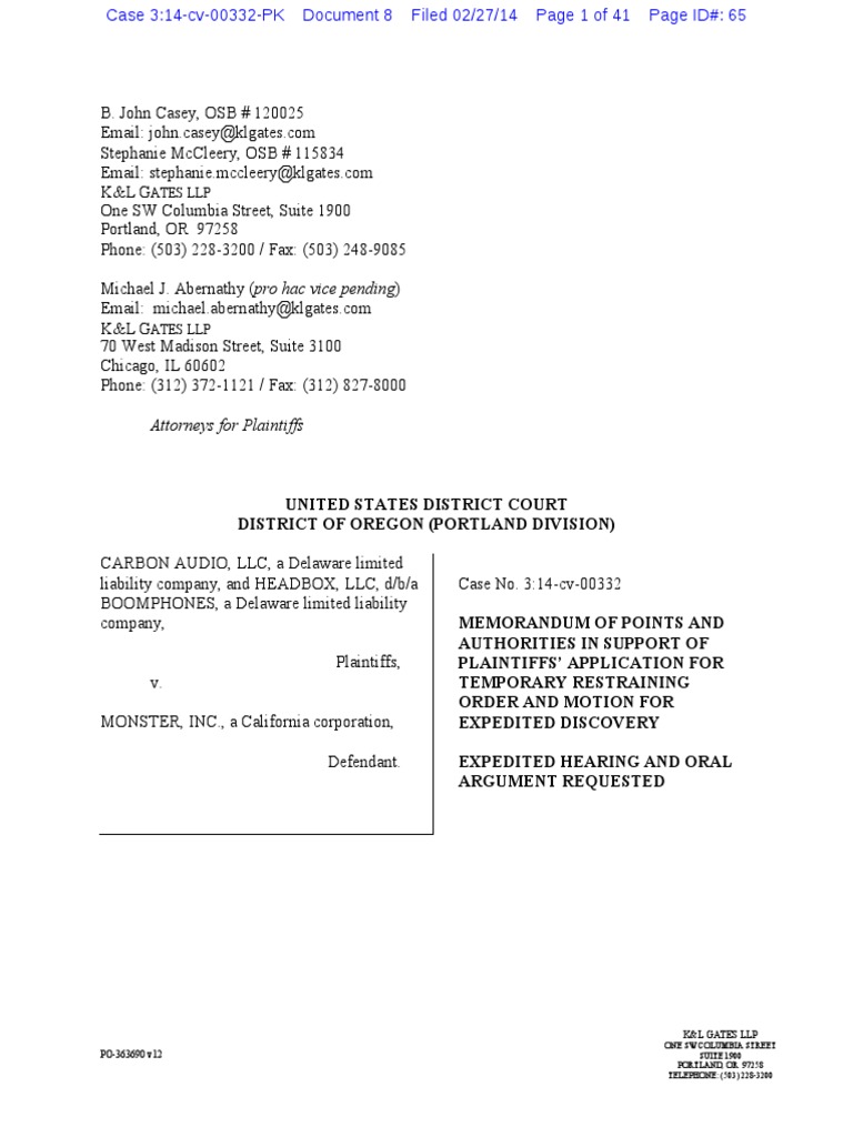 Memorandum For Temporary Restraining Order | PDF | Tortious ...