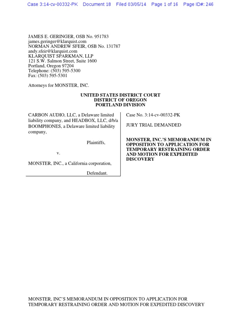 Memorandum in Opposition To Temporary Restraining Order | PDF | Trade ...