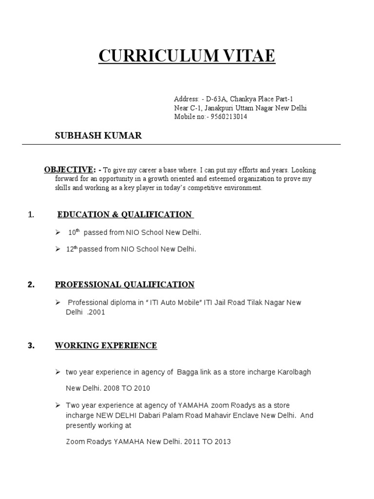 Subhash Kumar CV: Store Incharge Experience | PDF