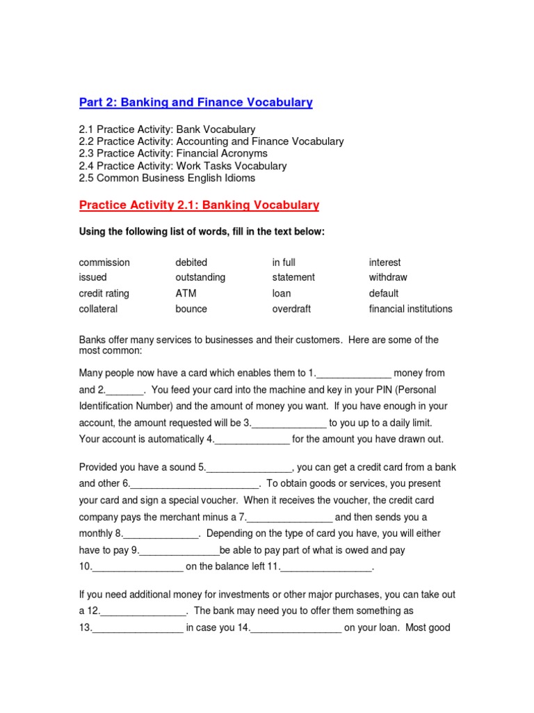 Banking Finance Vocabulary PDF Credit Card Banks