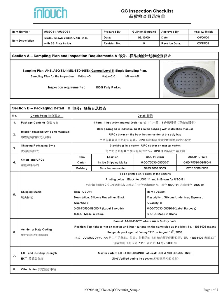 QC Checklist Sample | Universal Product Code | Packaging And Labeling