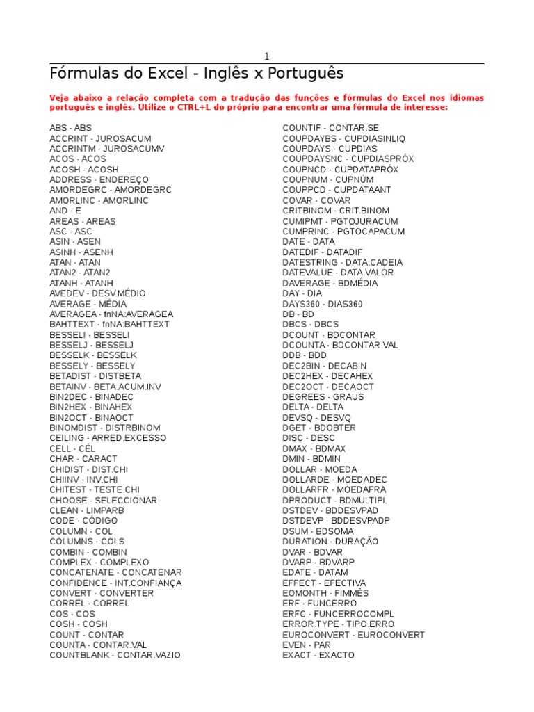Formulas Do Excel Ingles Versus Portugues | PDF | Estatística não ...